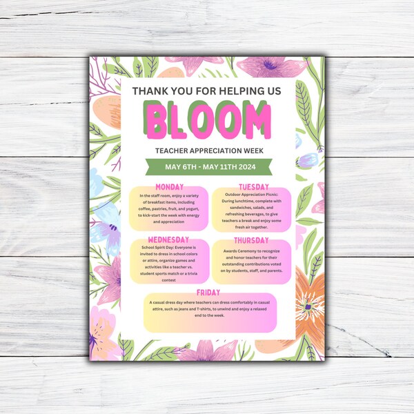 Staff Appreciation Week Calendar - Etsy