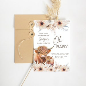 Highlander Cow Baby Shower Invitation, Boho Highland Cow Baby Shower ...