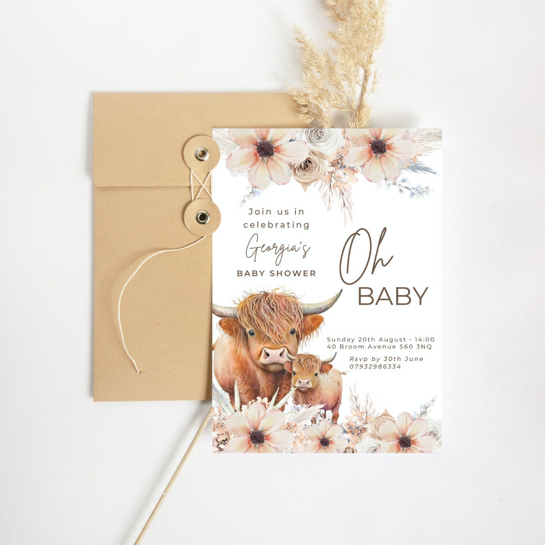 Highlander Cow Baby Shower Invitation, Boho Highland Cow Baby Shower ...