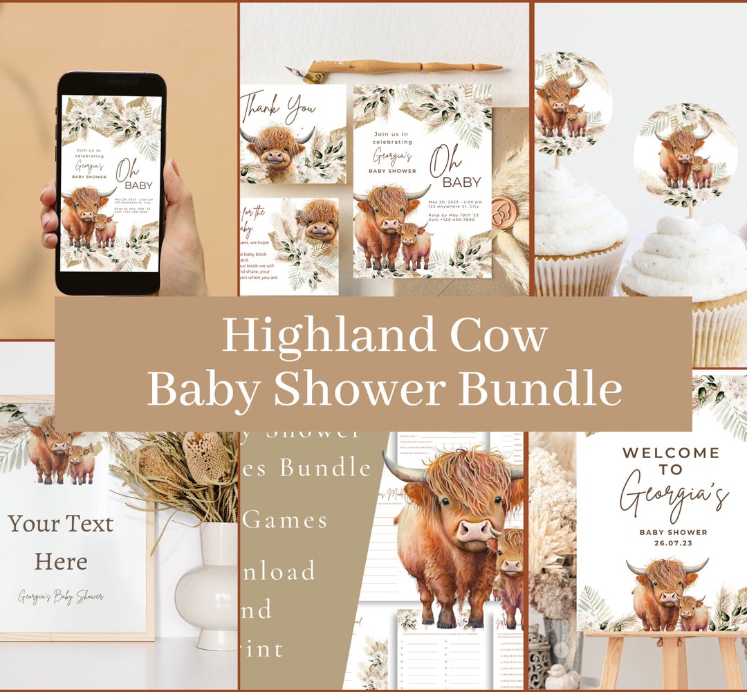 Highlander Cow Baby Shower Bundle, Highland Cow Baby Shower Sign, Boho ...