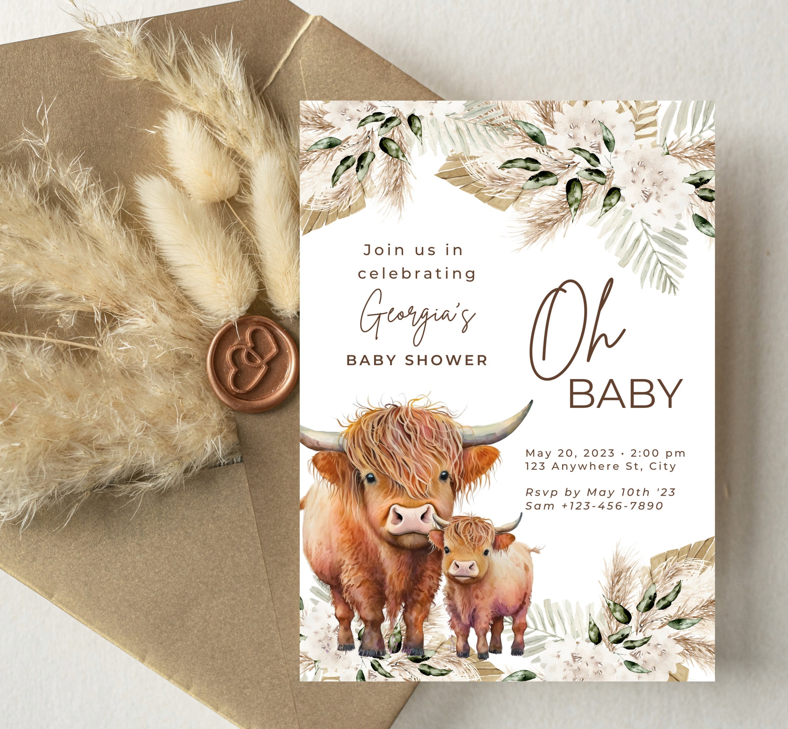 Highlander Cow Baby Shower Invitation, Boho Highland Cow Baby Shower ...
