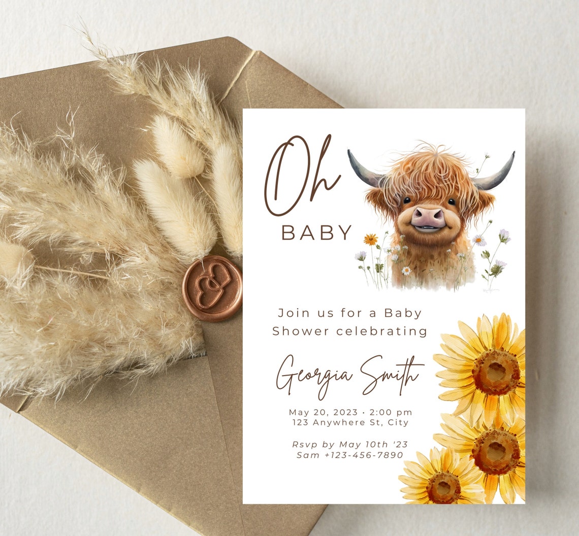 Sunflower Highland Cow Baby Shower, Boho Highland Cow Baby Shower ...