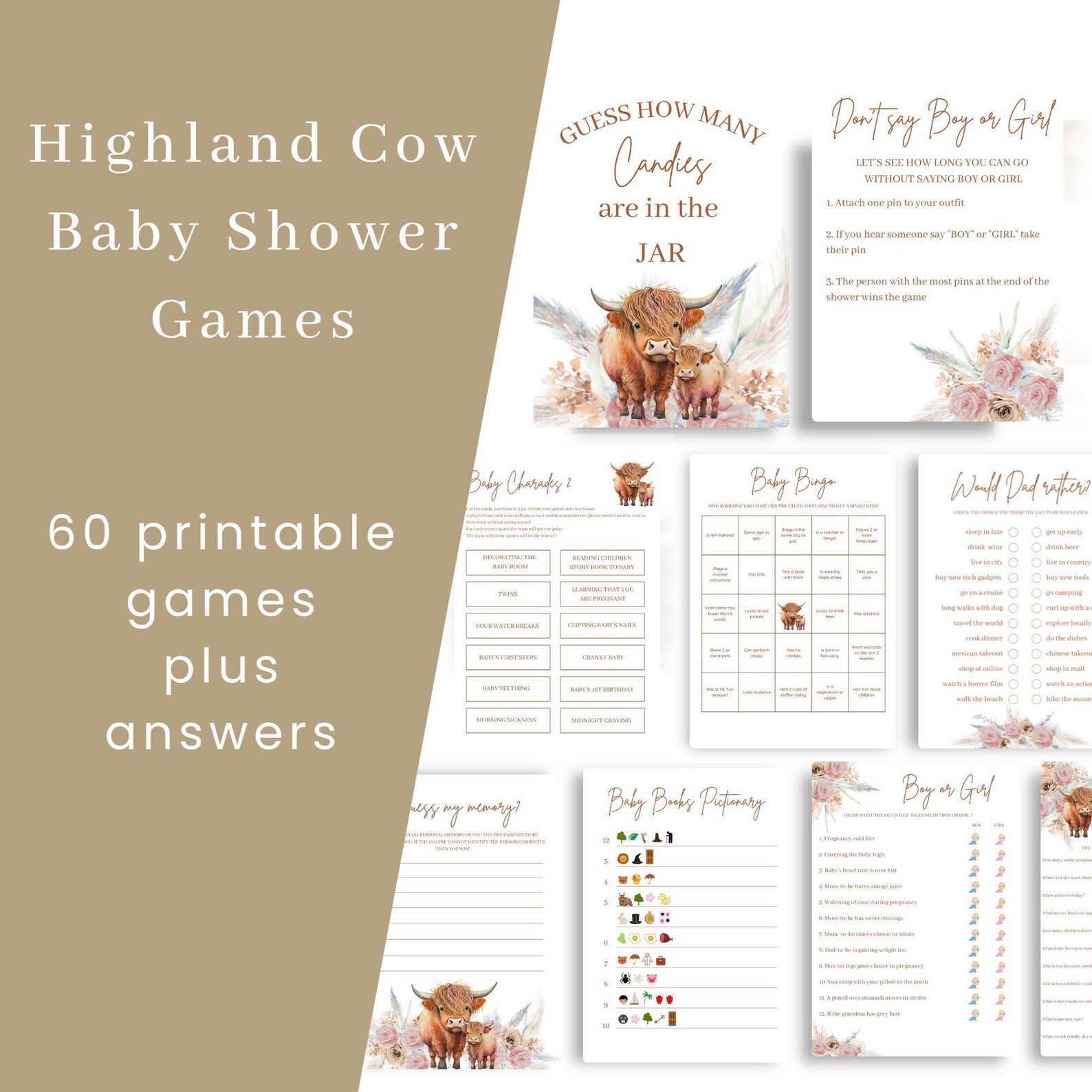 Highland Cow Baby Shower Games, Boho Cow Baby Shower Game Bundle, Holy ...