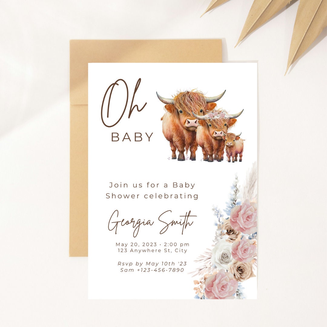 Pink Boho Highland Cow Baby Shower Invitation, Baby Calf, Online ...