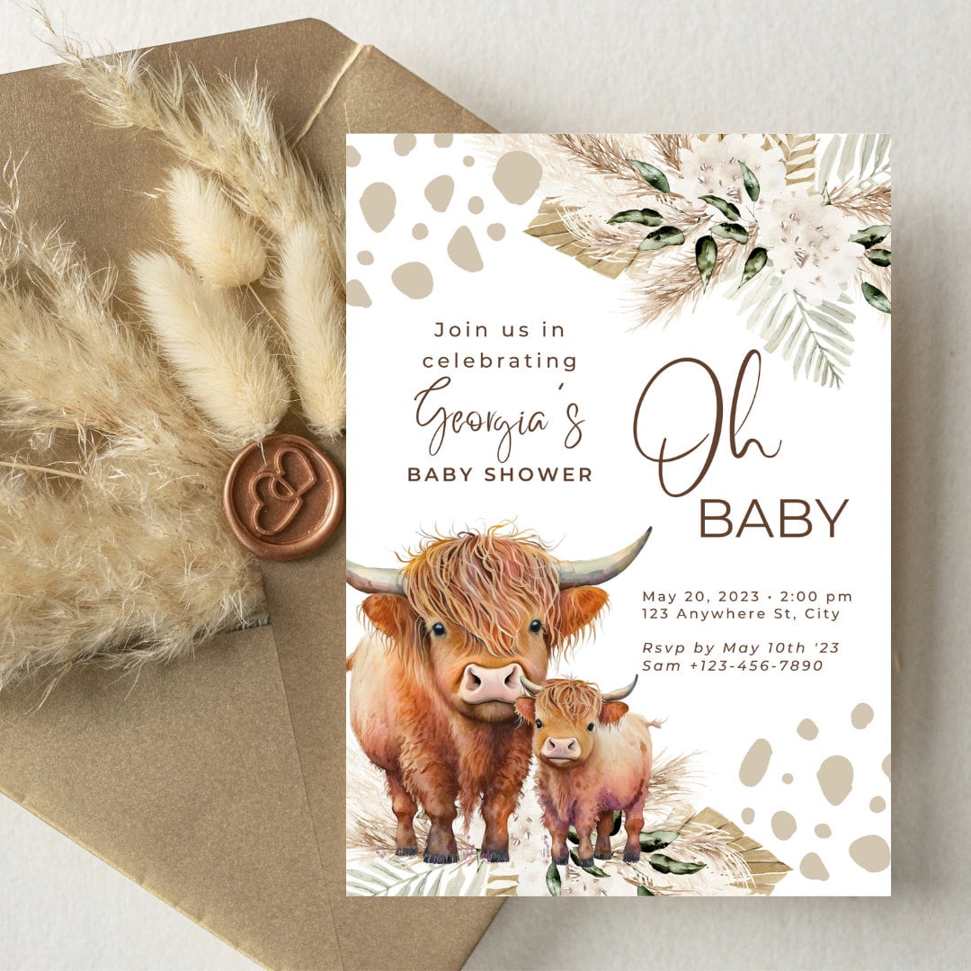 Highland Cow Baby Invitation Bundle, Boho Highland Cow Baby Shower ...