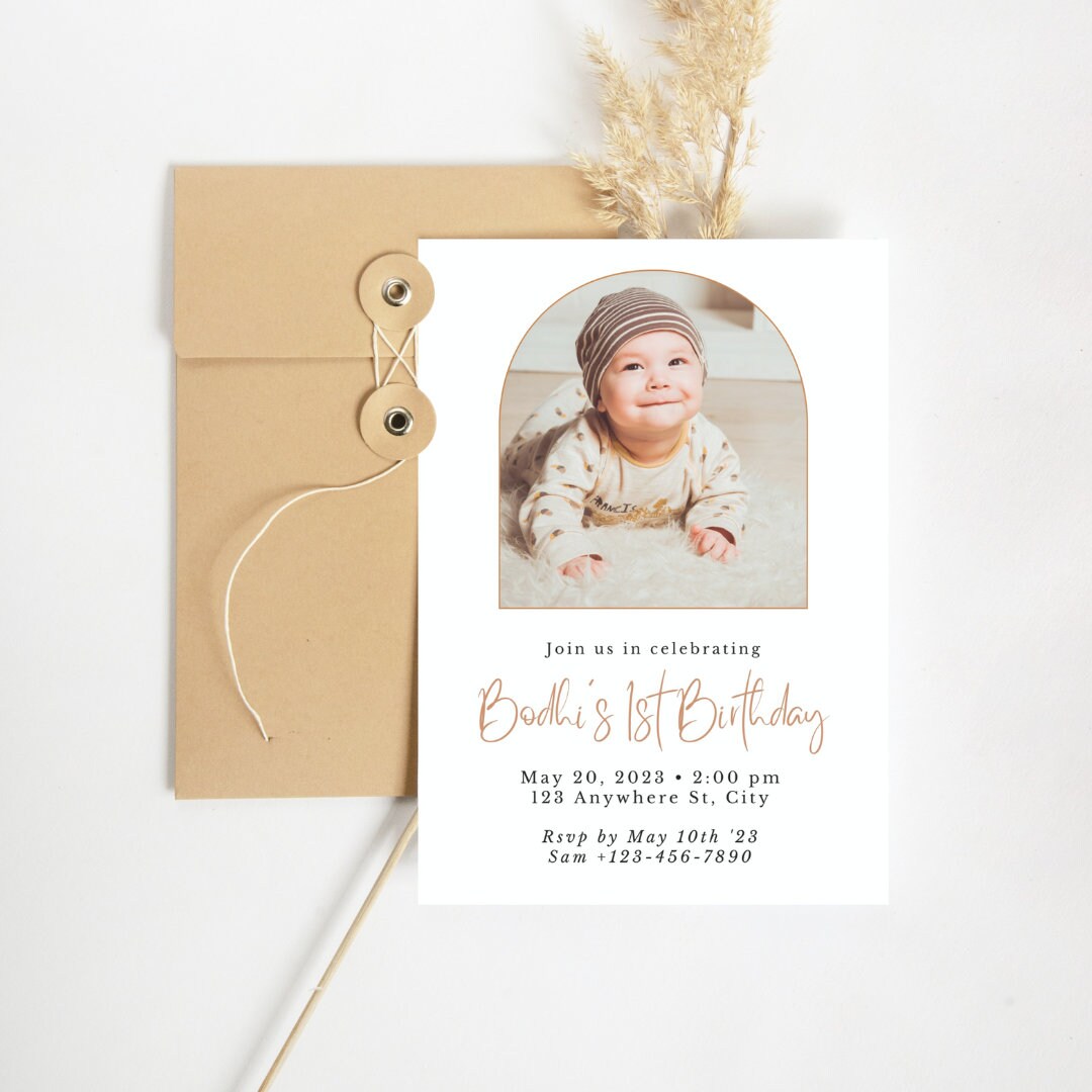 Baby Boy First Birthday Invitation Template With Photo, Modern First ...