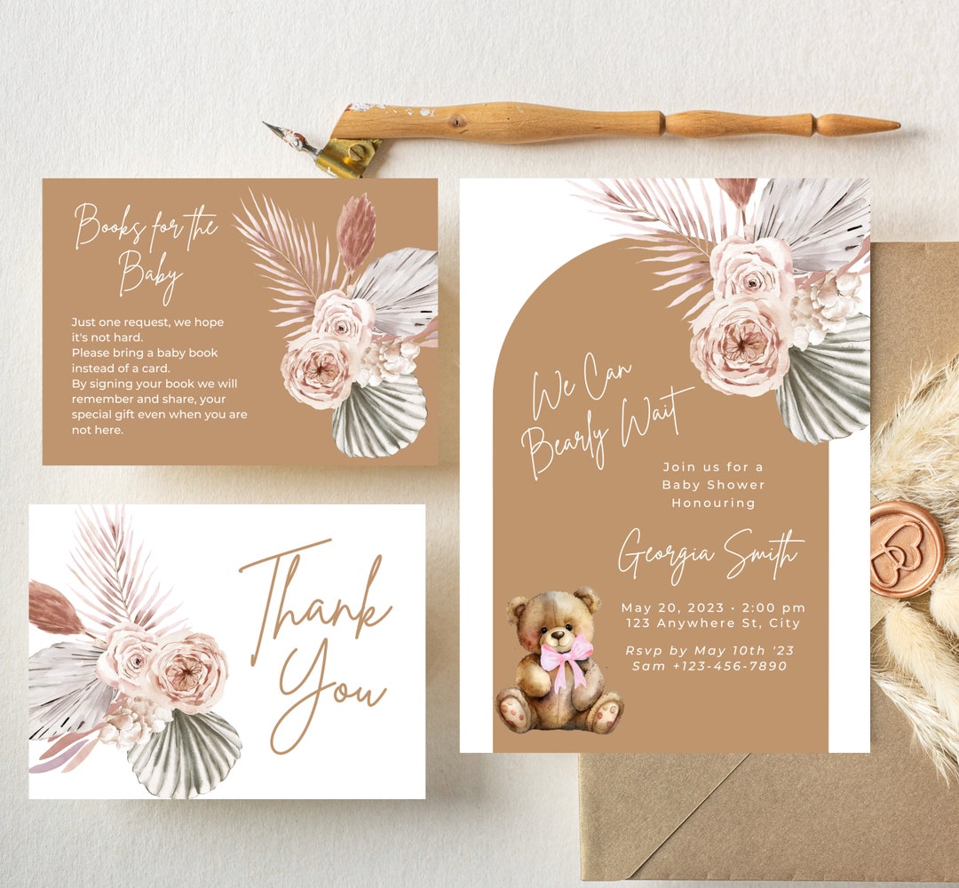 Teddy Bear Themed Baby Shower Invites, Boho Baby Girl Shower Invitation ...