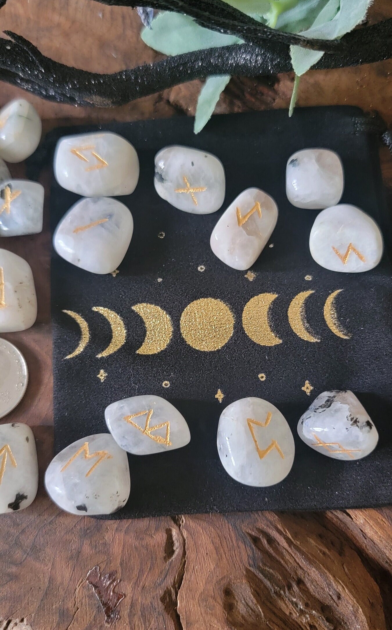 Rainbow Moonstone Rune Set With Moon Phase Velveteen Bag, Crystal Rune ...