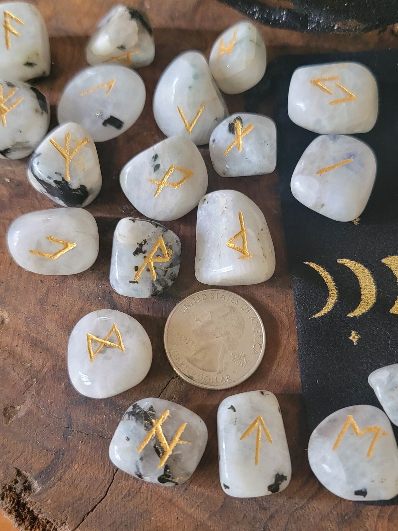 Rainbow Moonstone Rune Set With Moon Phase Velveteen Bag, Crystal Rune ...