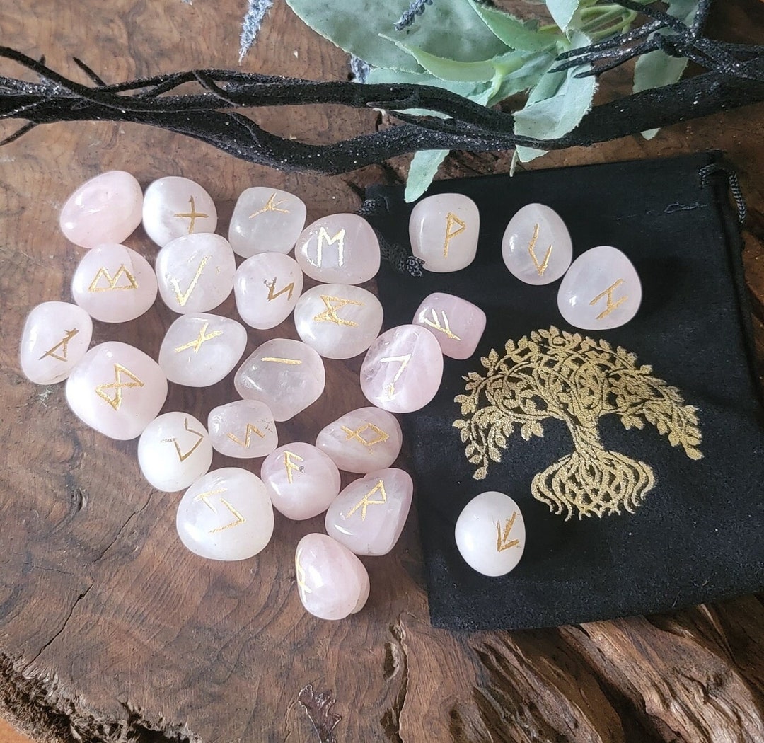 Rose Quartz Rune Set With Tree of Life Velveteen Bag, Crystal Rune Set ...