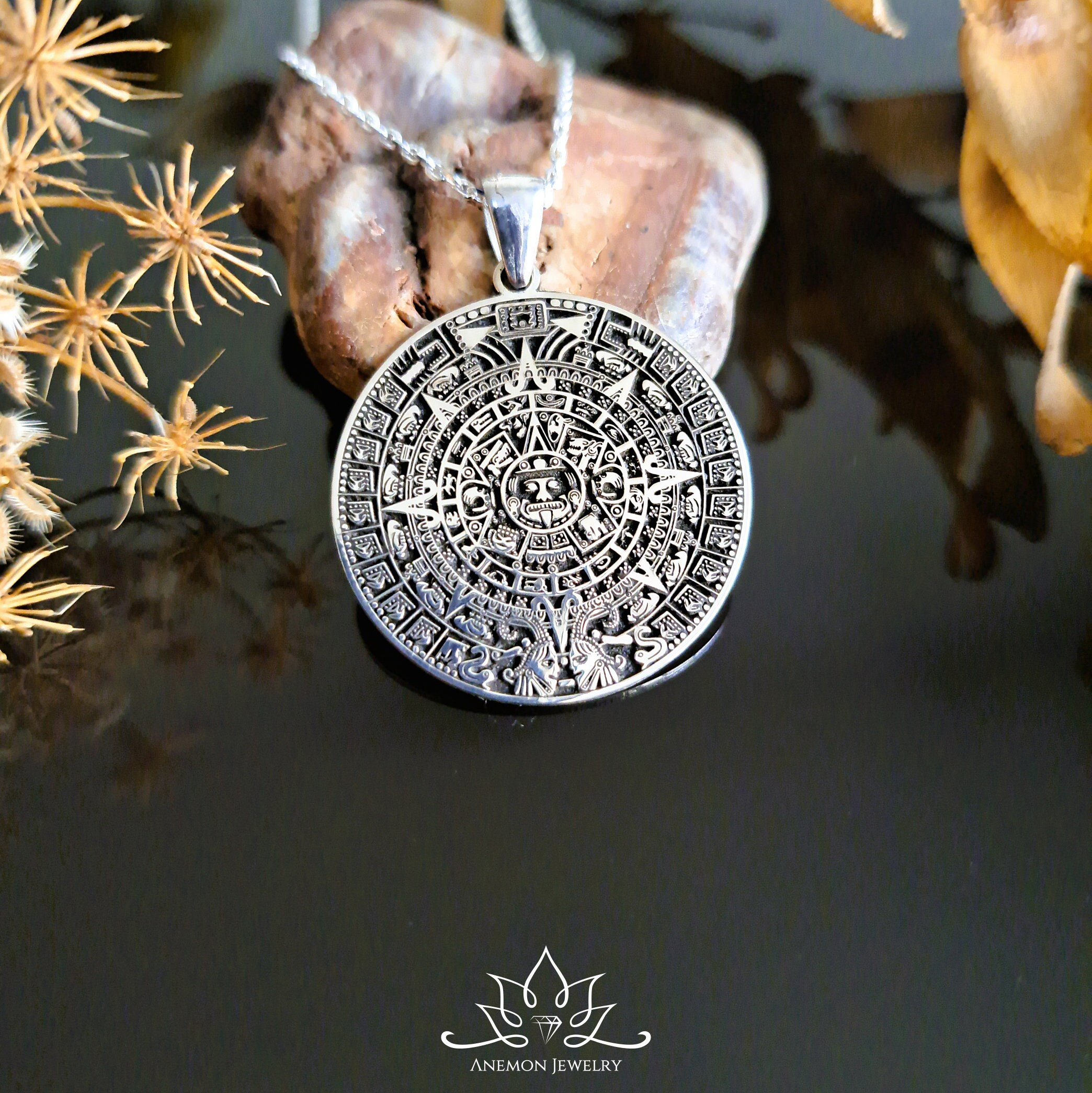 Aztec Calendar Necklace 925 Sterling Silver Mayan Calendar Etsy