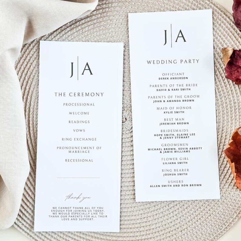 Minimalist Wedding Ceremony Programs, Wedding Timeline, Wedding Program ...