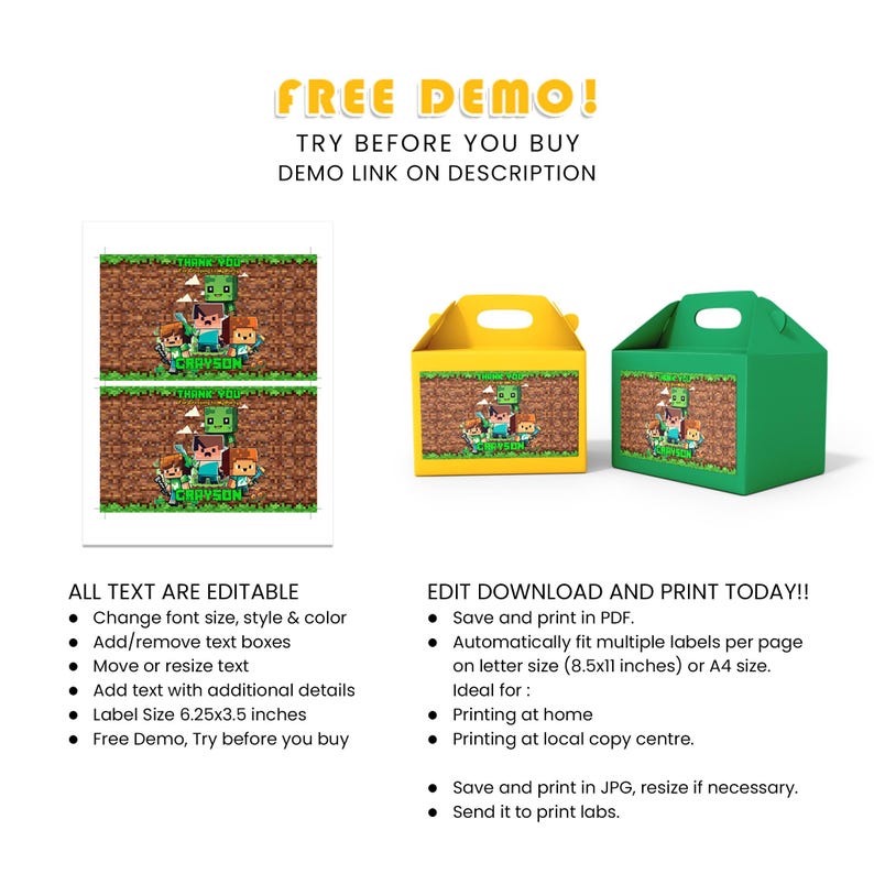 Editable Pixelated Gable Box Label Mine Themed Goodie Bag Label Pixel ...