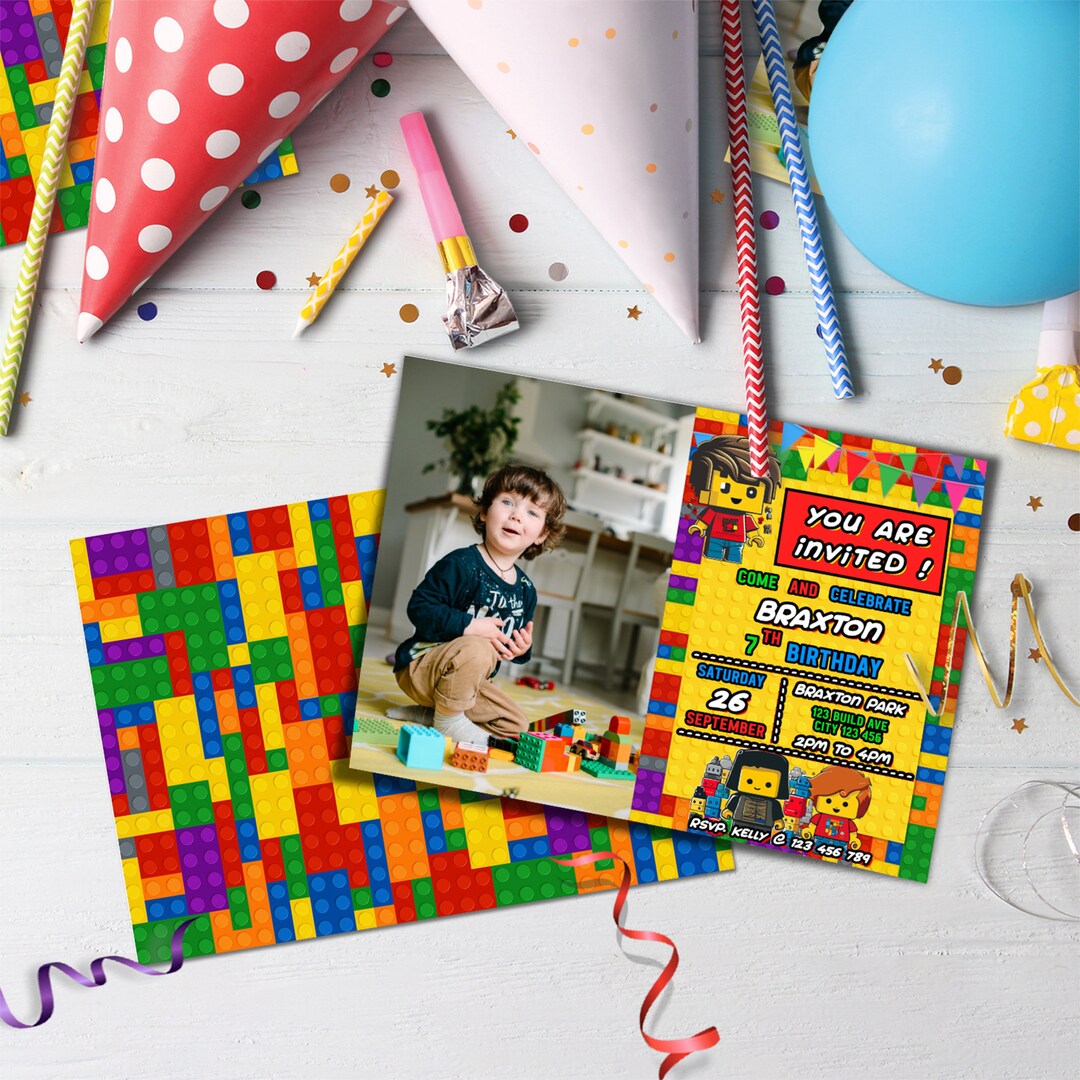 Printable Brick Invitation With Photo Building Blocks Birthday Photo ...