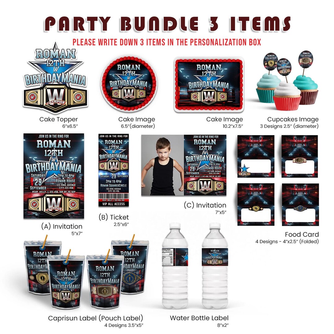 DIY Wrestling Party Bundle 3 Items, Wrestler Birthday Pack, Birthday ...