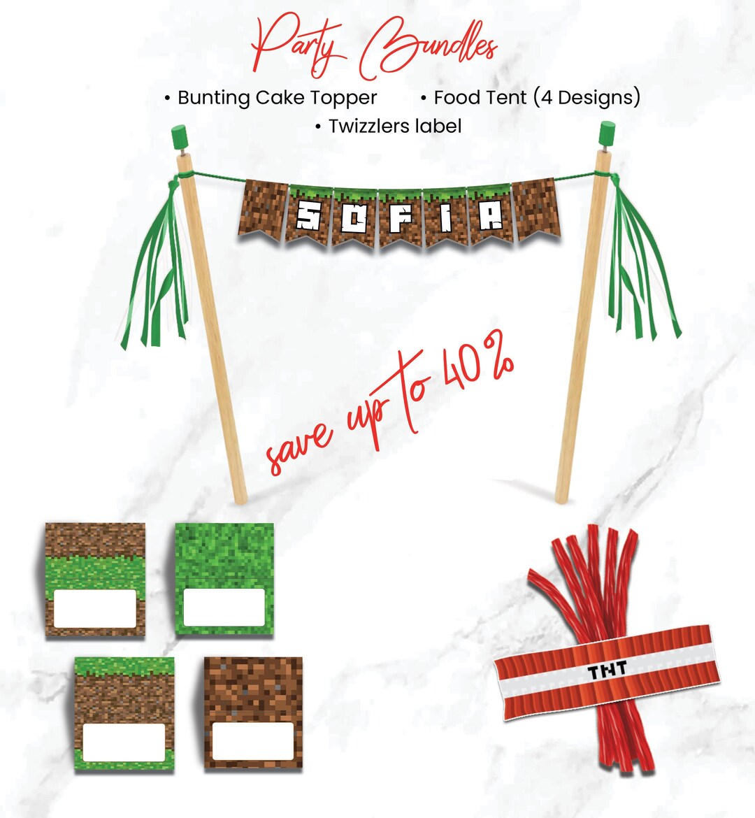 Printable Pixelated Party Bundle, Pixelated Bunting Cake Topper ...