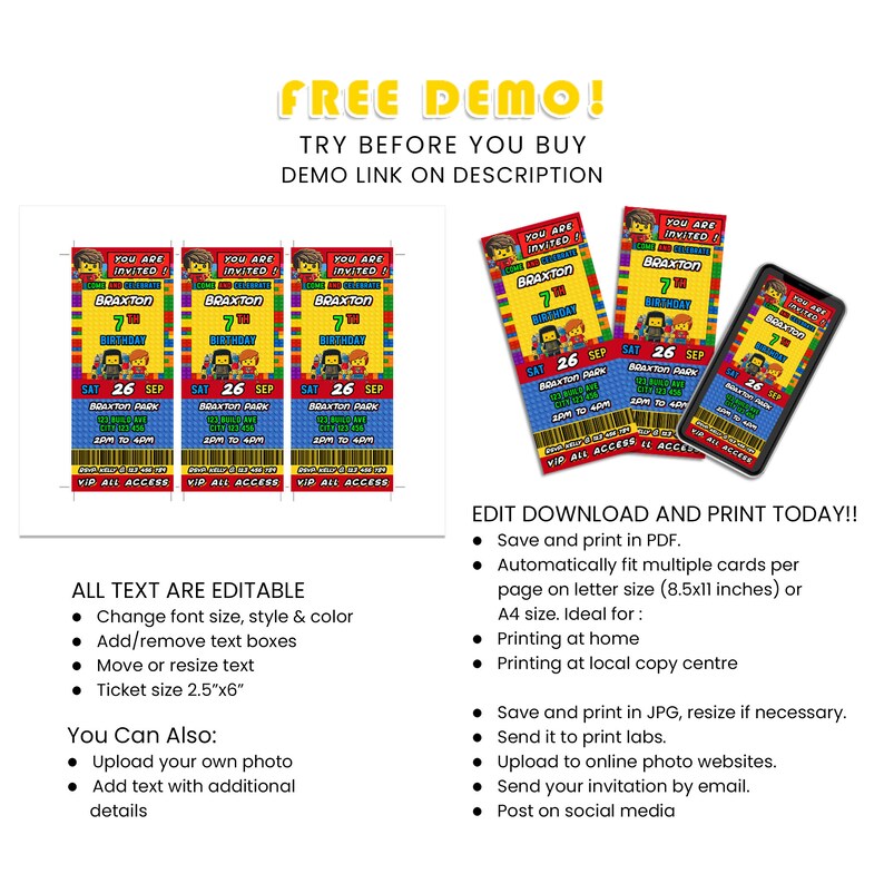 Printable Brick Ticket Invitation Building Blocks Birthday Invitation ...