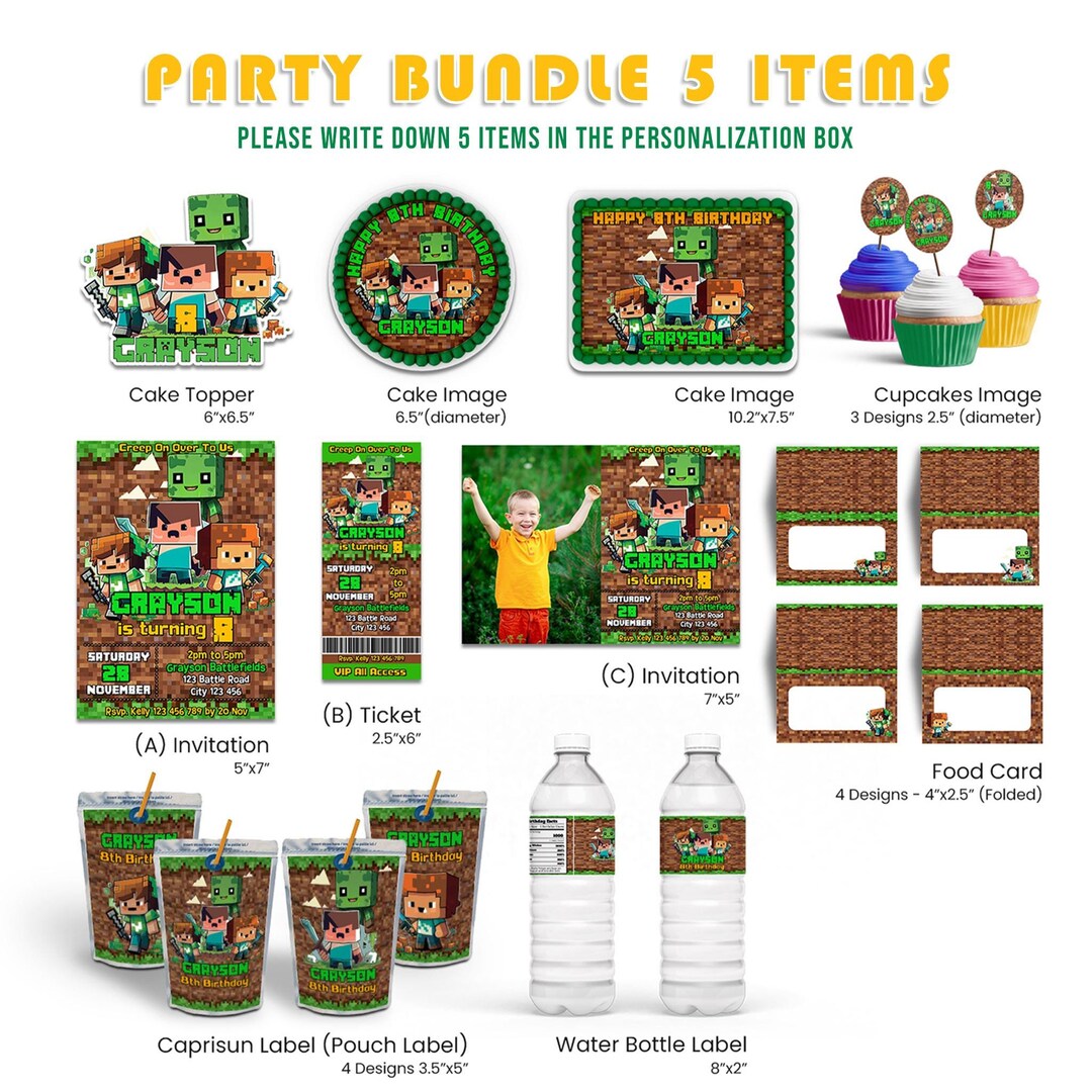 DIY Pixelated Party Pack 5 Items Mine Themed Birthday Bundle Pixel ...