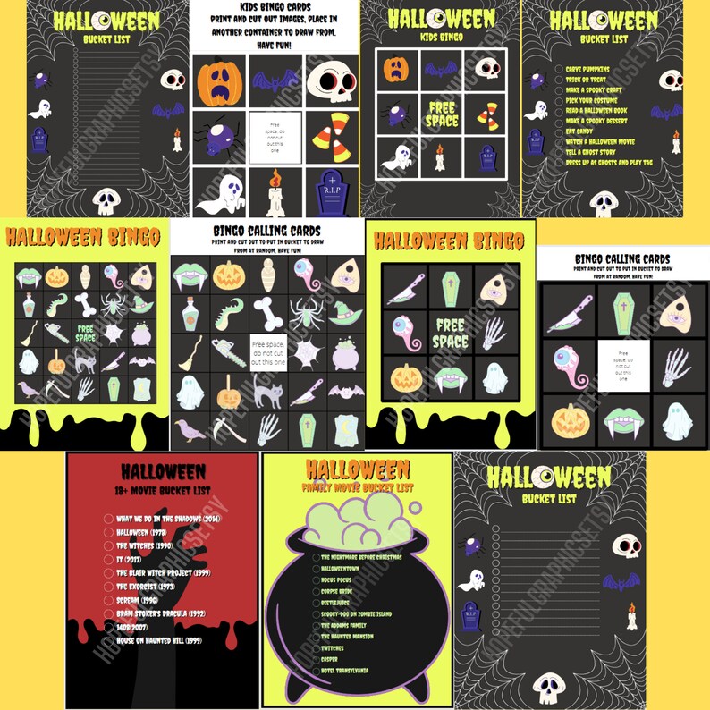 Halloween Printable Posters Bundle Bingo, Bucket Lists, Movie Checklist ...