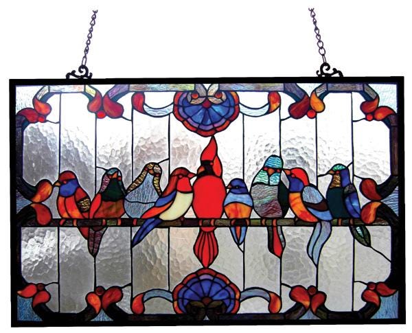Tiffany Style Stained Glass Window Panel With Singing Birds - 32" X 20 ...