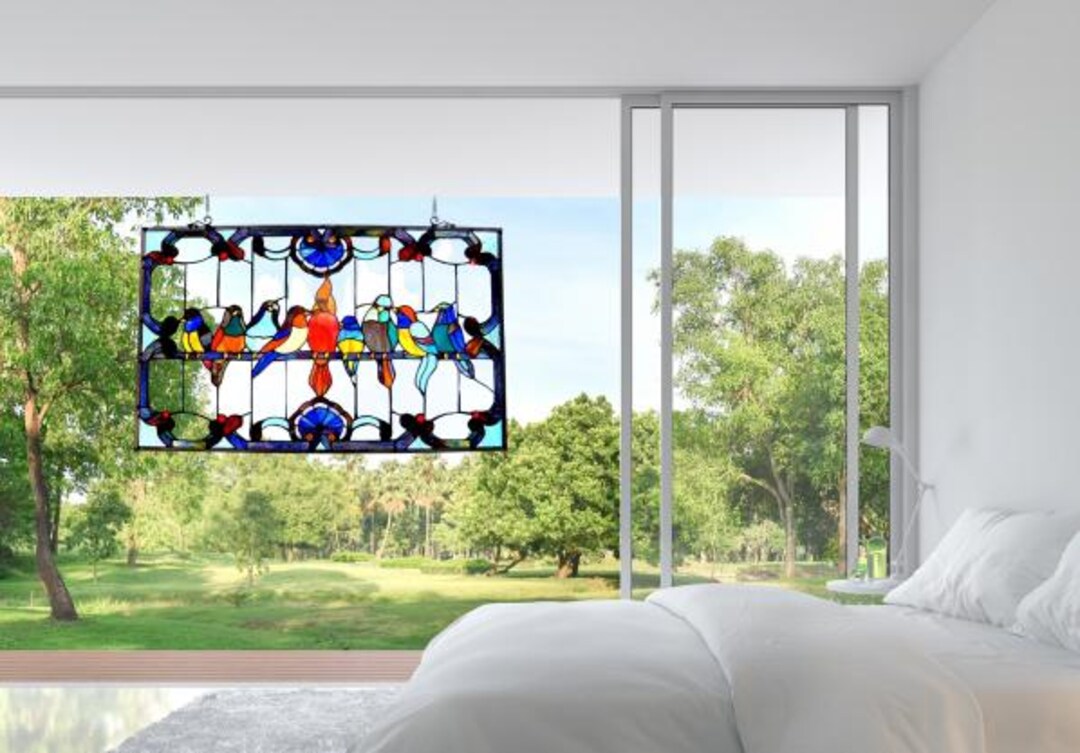 Tiffany Style Stained Glass Window Panel With Singing Birds - 32" X 20 ...
