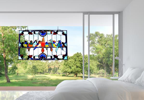 Tiffany Style Stained Glass Window Panel With Singing Birds - 32" X 20 ...