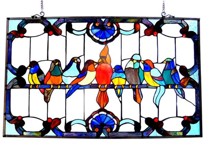 Tiffany Style Stained Glass Window Panel With Singing Birds - 32" X 20 ...