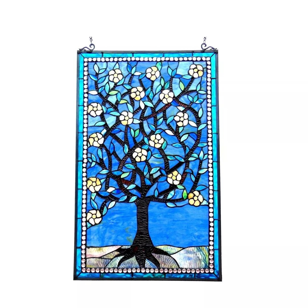 Handcrafted Tiffany-style Tree of Life Stained Glass Window Panel 32x20 ...