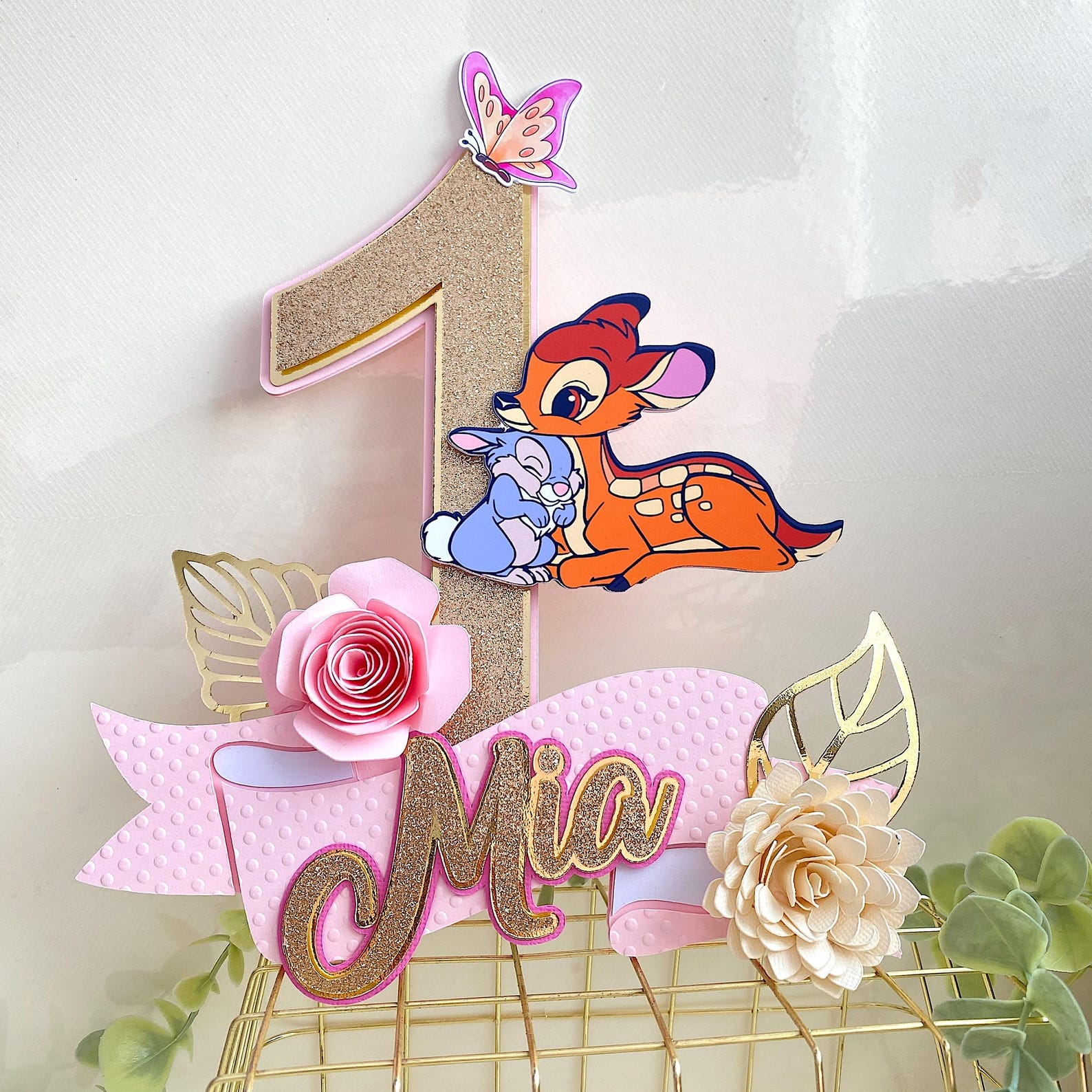 Bambi First Birthday Cake Topper, Floral Glitter Decoration - Etsy