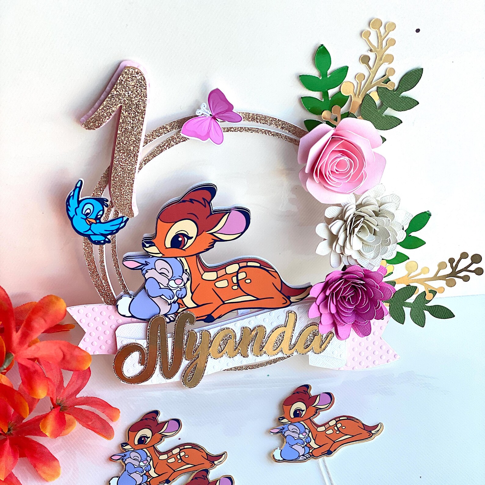 Bambi Cake Topper, One Year Old Cake Topper, Bambi Floral Cake Topper ...