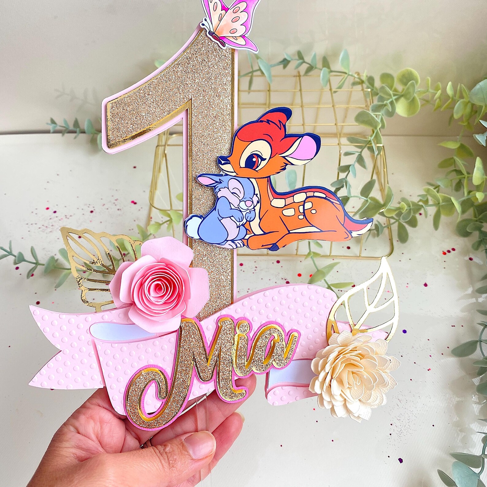 Bambi First Birthday Cake Topper, Floral Glitter Decoration - Etsy