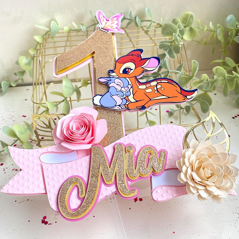 Bambi First Birthday Cake Topper, Floral Glitter Decoration - Etsy
