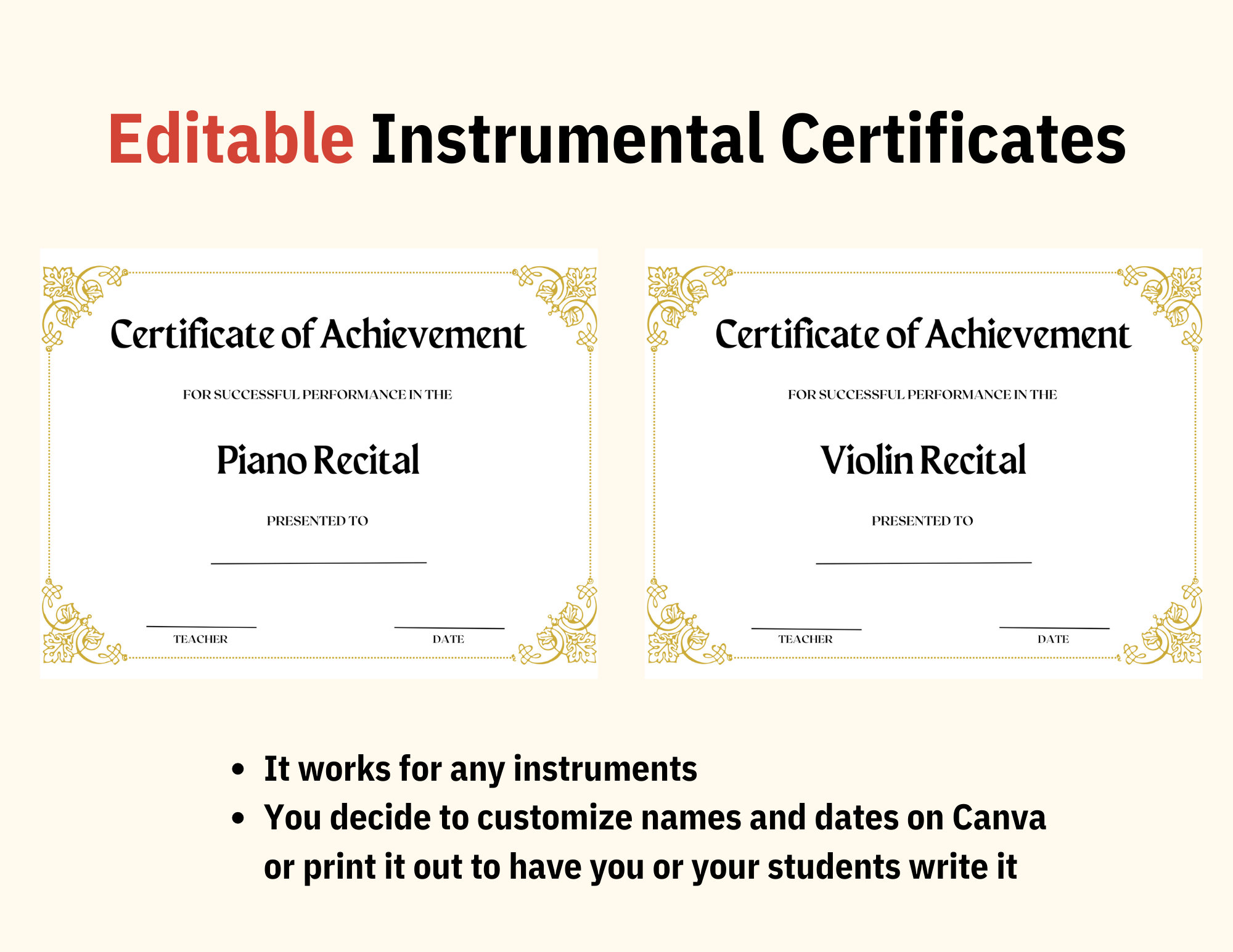 EDITABLE Music Recital Certificate I Instruments Award Certificate ...