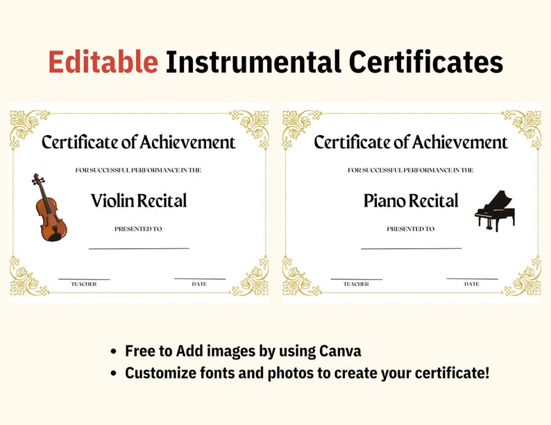 EDITABLE Music Recital Certificate I Instruments Award Certificate ...