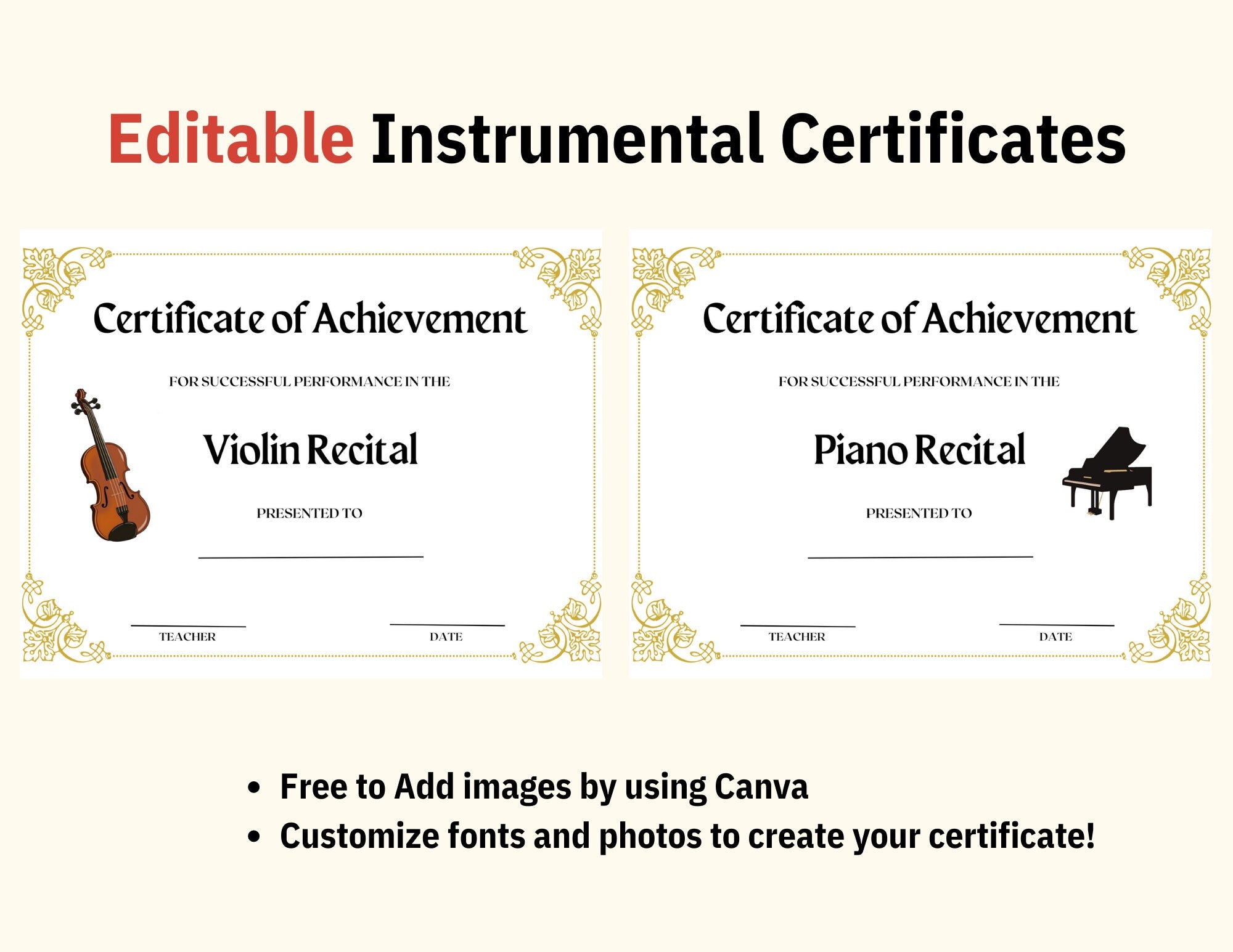 EDITABLE Music Recital Certificate I Instruments Award Certificate ...