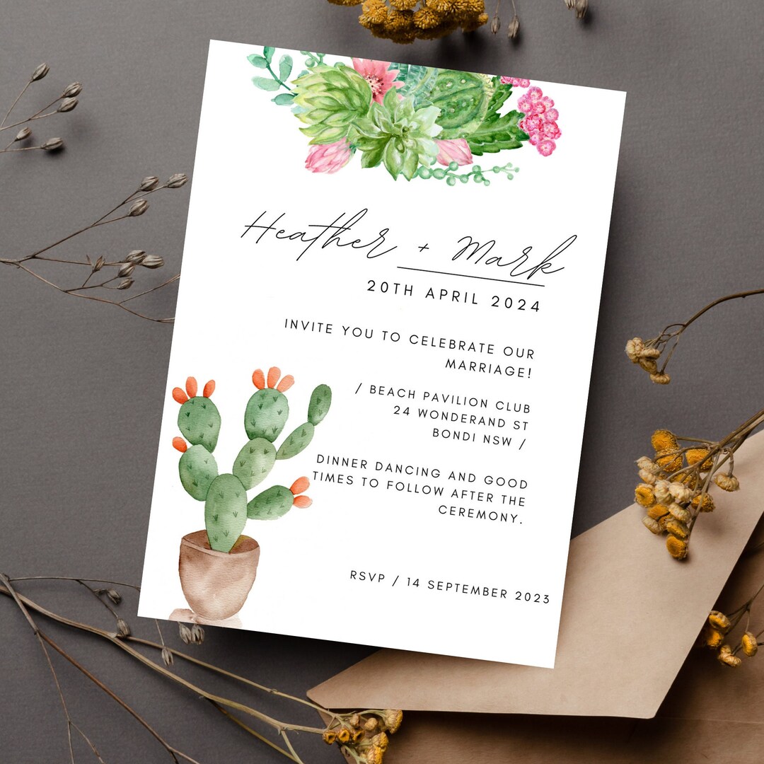 Desert Wedding Invitation, Cactus Wedding Wedding Template, Pink Cactus ...
