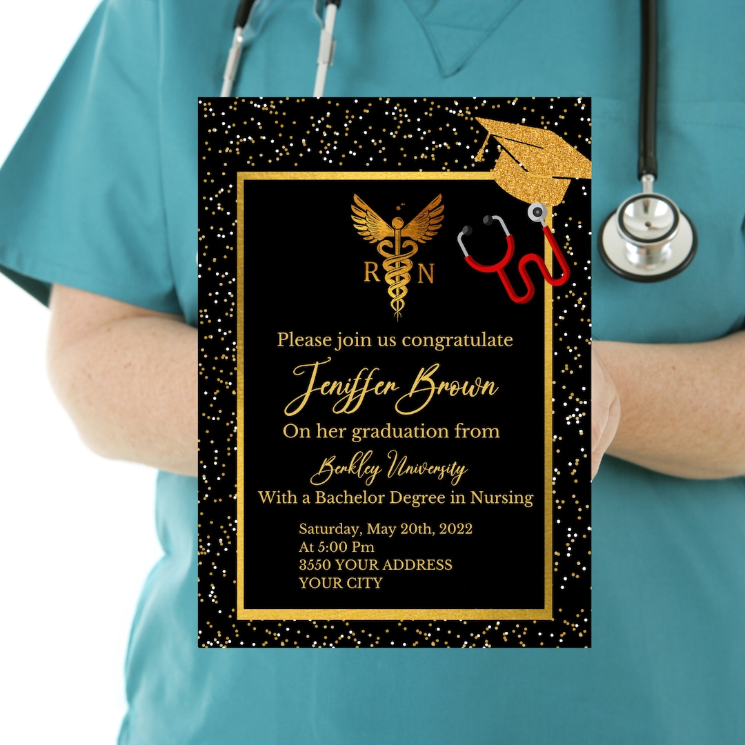 Nursing Graduation Invitation, Black and Gold Nurse Graduation ...