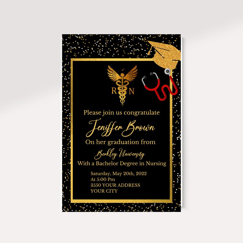 Nursing Graduation Invitation Black and Gold Nurse Graduation - Etsy
