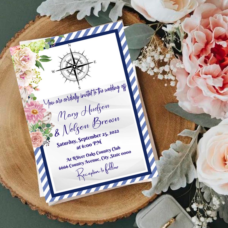 Nautical Wedding Invitation Template, Destination Beach Wedding, Compass, Anchor, Printable - Etsy
