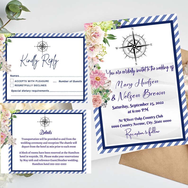 Nautical Wedding Invitation Template, Destination Beach Wedding ...