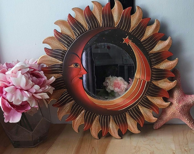 Vintage Large Wooden Sun and Moon Wall Hanging Decorative Mirror ...