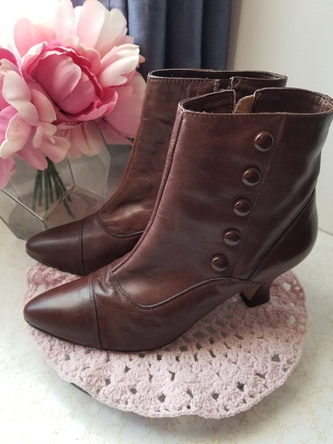 Vintage POPPIES Ladies Brown Leather Victorian Granny Style - Etsy