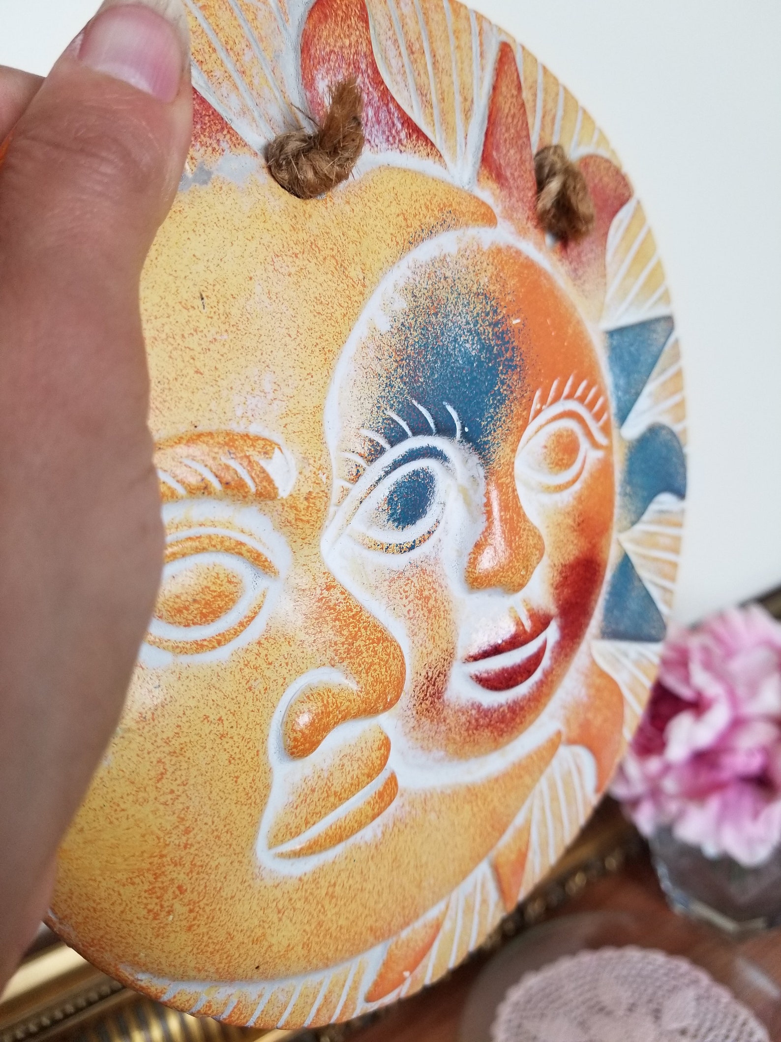 Vintage Terra Cotta Sun & Moon Wall Hanging - Etsy