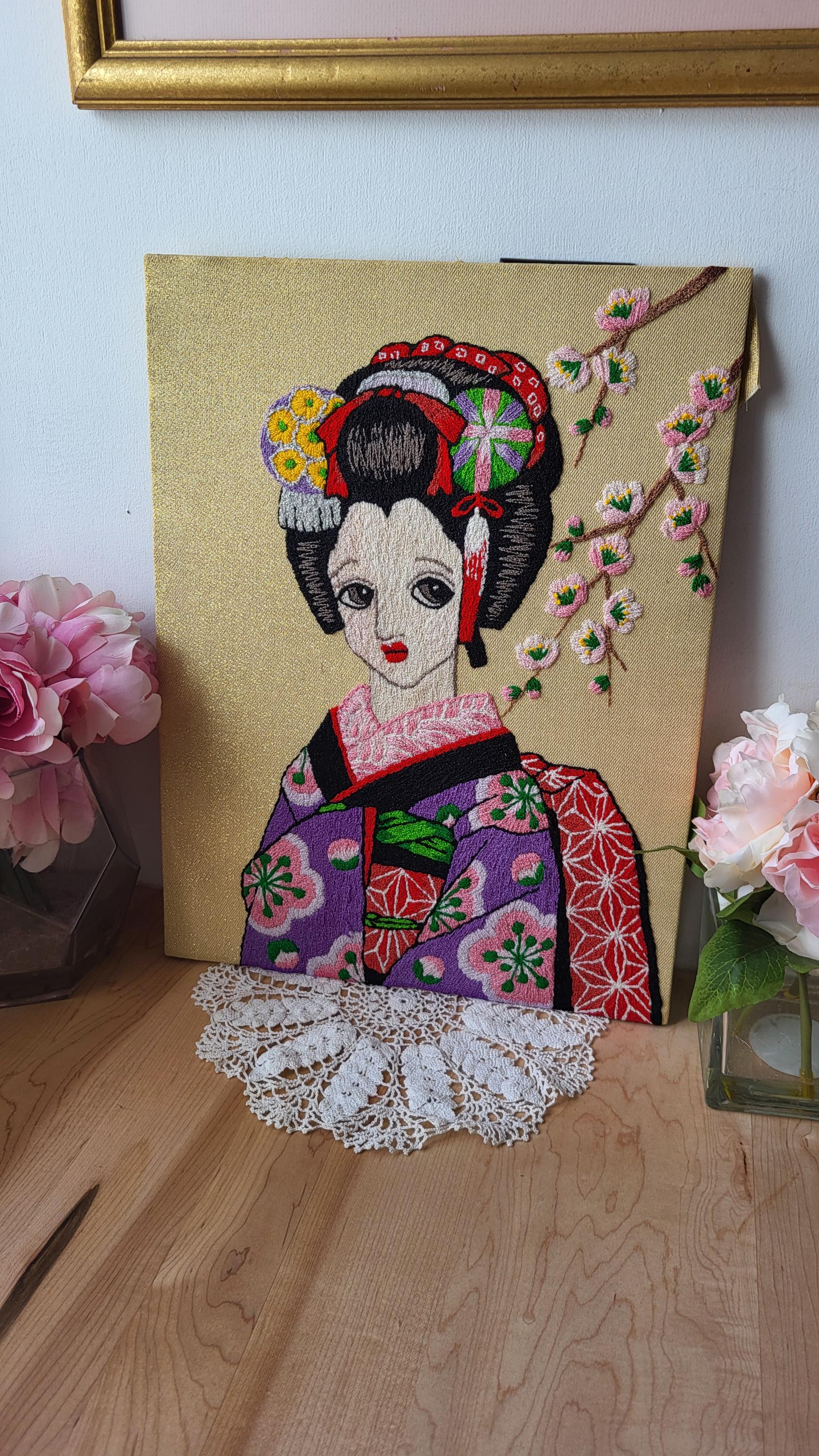 Vintage Japanese Geisha Bunka Silk Embroidery Handmade Cartoon Style ...