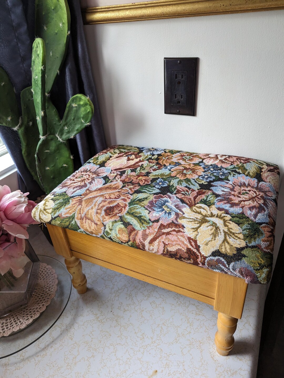 Wooden Footstool With Lift up Hinged Storage Floral Tapestry - Etsy