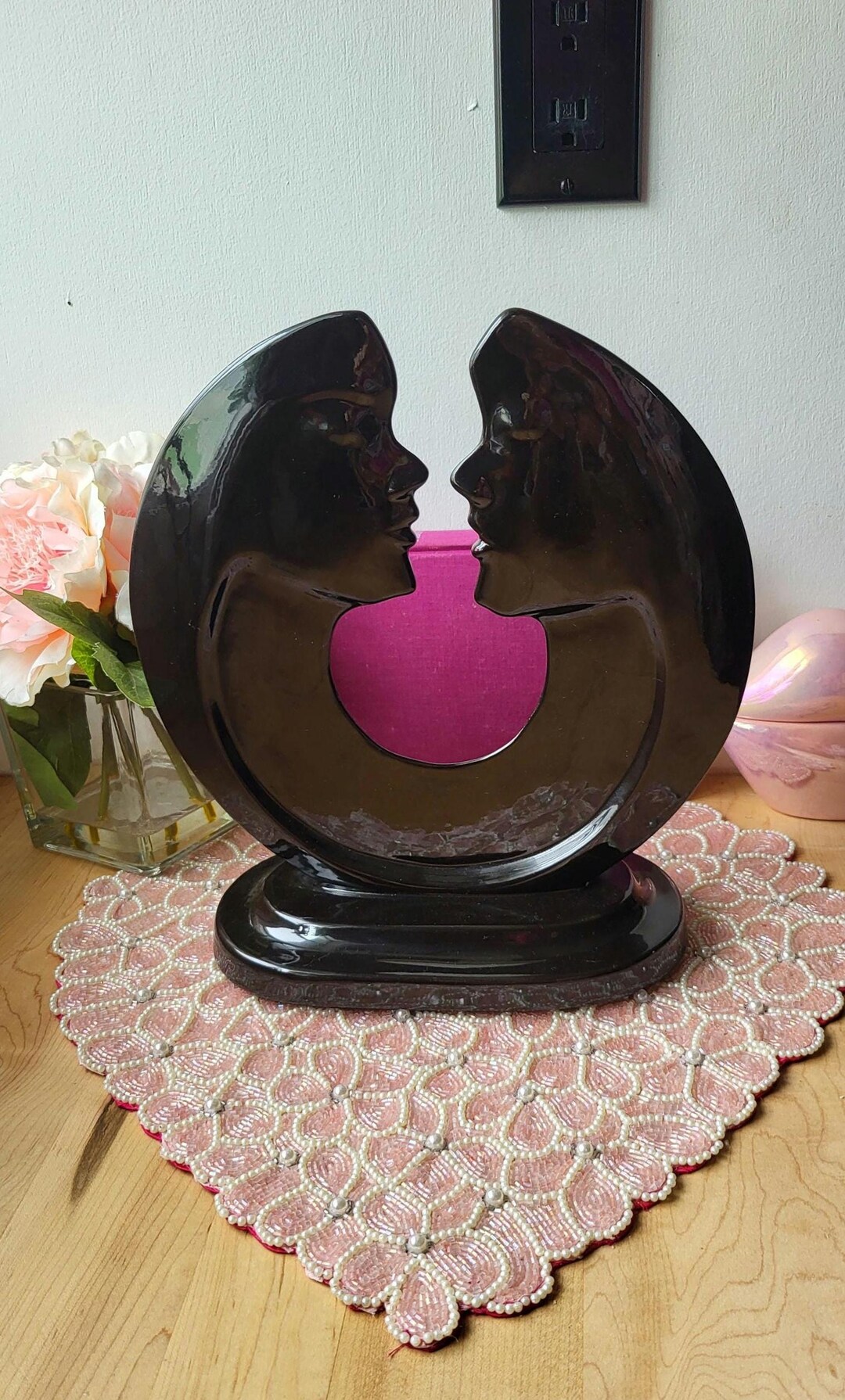 Vintage 90s Glazed Black Art Deco Style Faces Sculpture Couple Art - Etsy