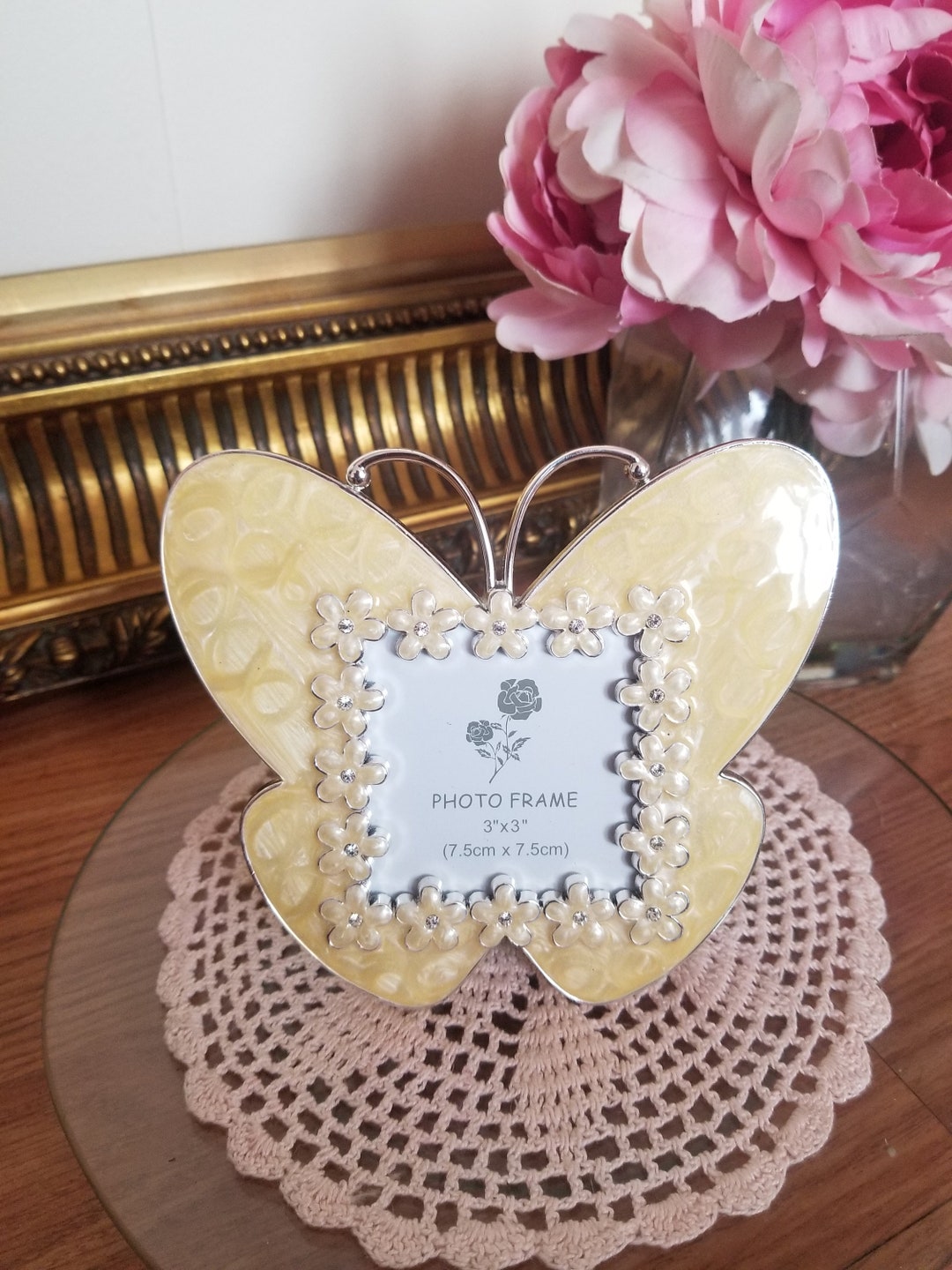 Y2K Enamel Jewelred Yellow Beige Butterfly Picture Frame With Flowers ...