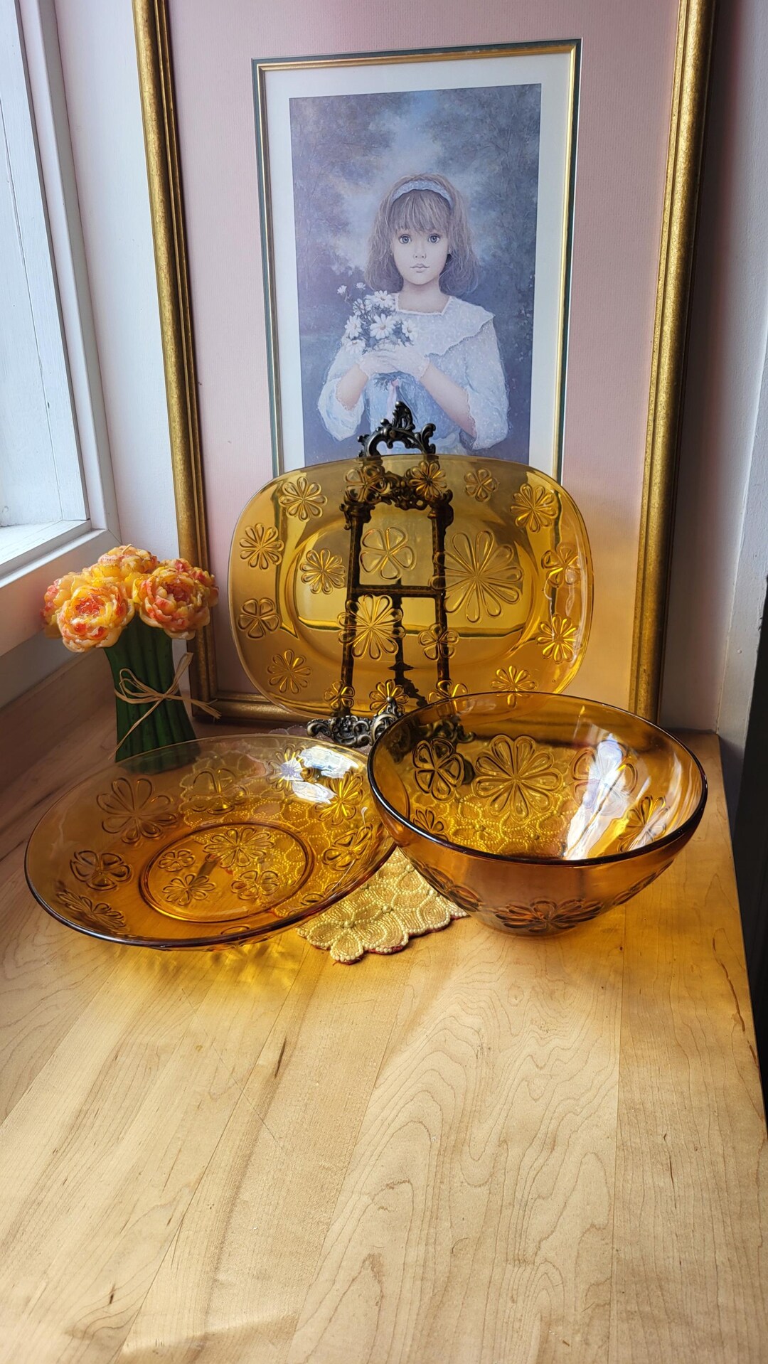 Vintage Large Amber Daisy Flower Serving Dinnerware. Floral Serving ...