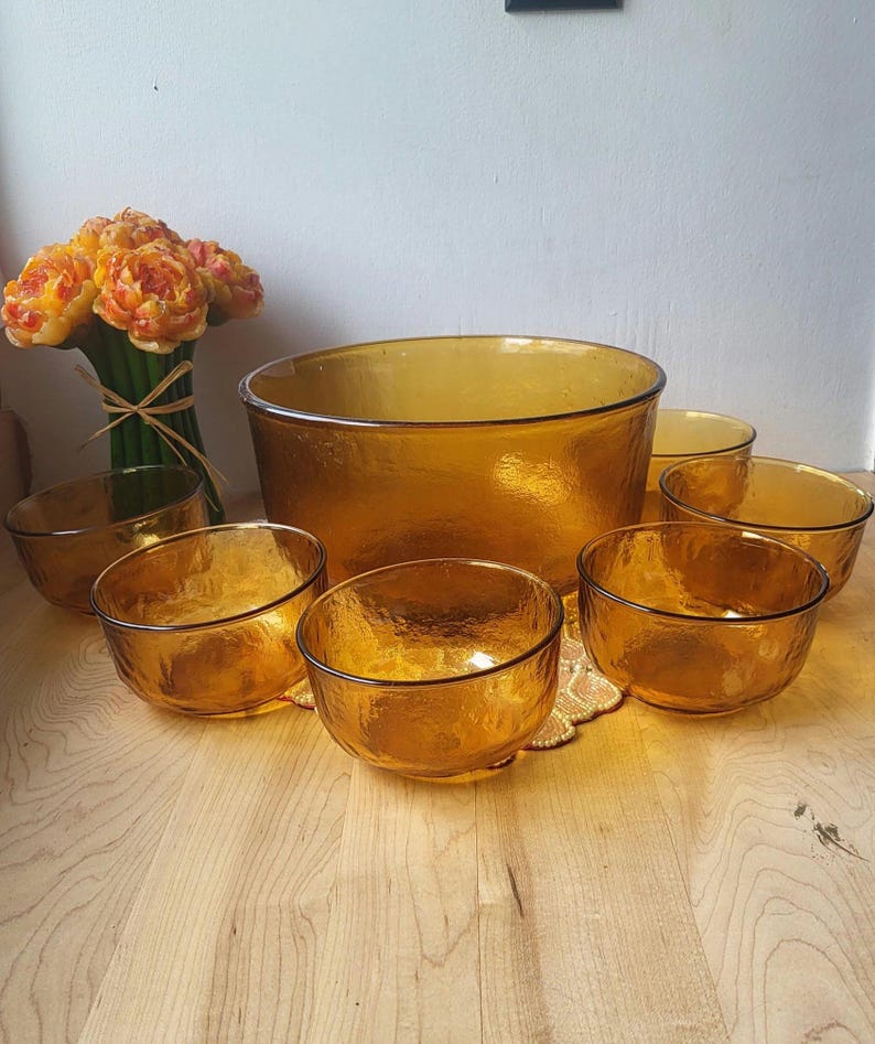 Vintage Amber Glass Ravier Set of 6 Small Bowls & 1 Large Bowl France ...