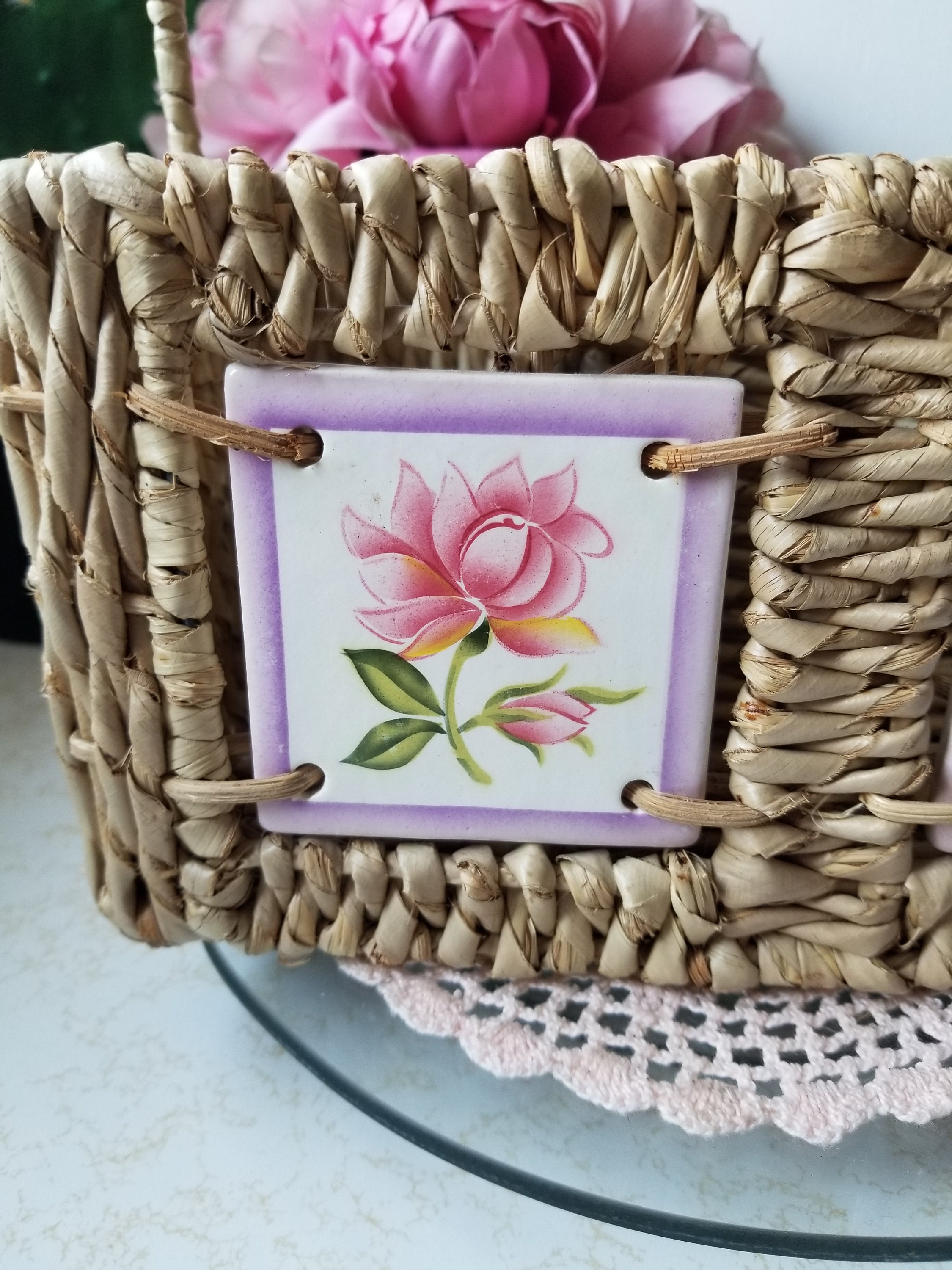 Gorgeous WICKER Silverware Caddy, Hand Painted Tile Accents, Vintage ...